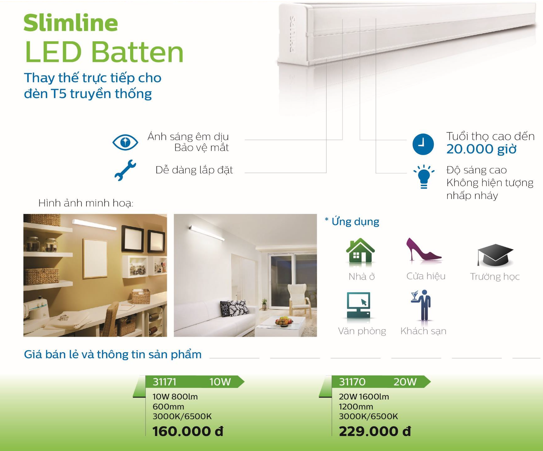 Bộ máng đèn LED Philips Slimline Batten 1m2 gắn tường 31170 20W